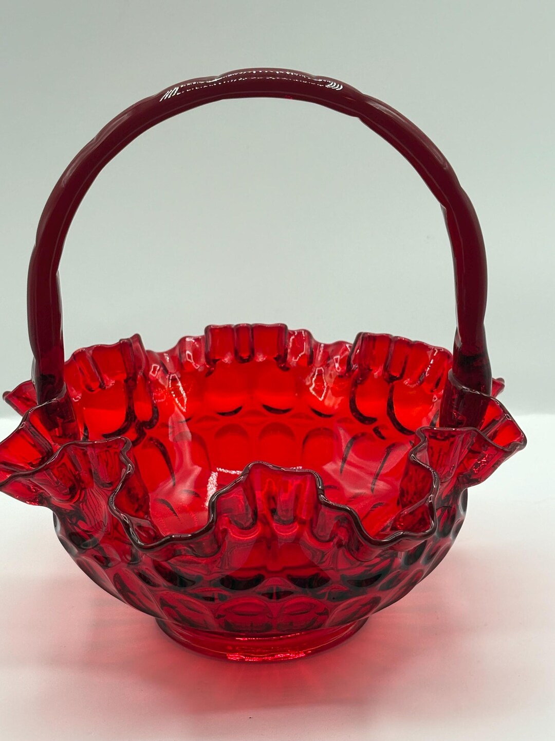 Vintage Fenton Ruby Red Glass Basket: Thumbprint Design, Ruffled Edge ...