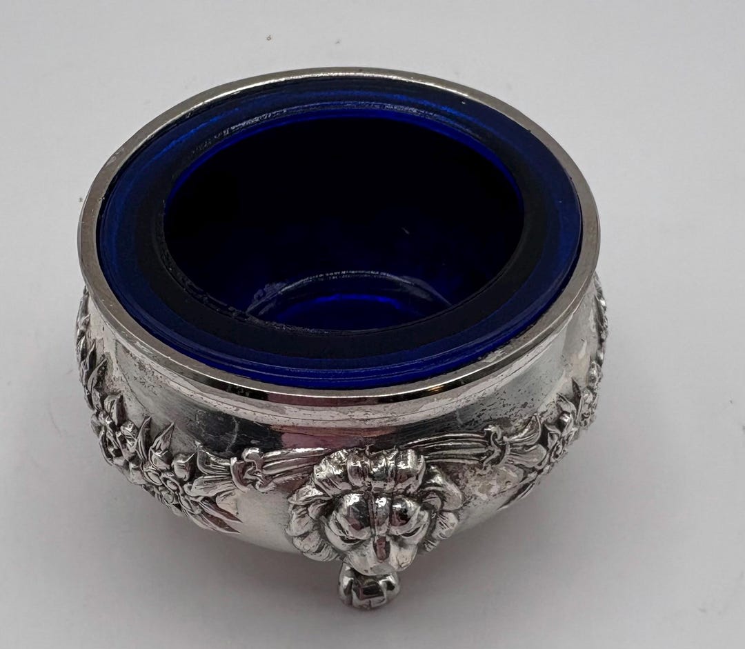 Antique Sterling Silver Plated Open Salt Cellar With a Cobalt Blue ...