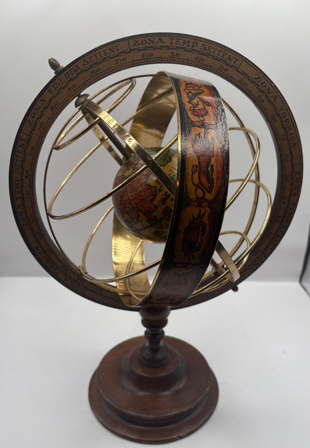 Vintage Armillary Sphere With Zodiac Detailing Wood Base and Brass ...