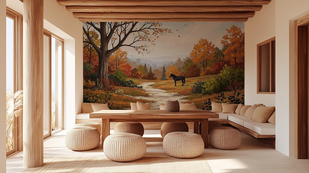 Autumn Forest Peel and Stick Wallpaper Mural With Black Horse for ...