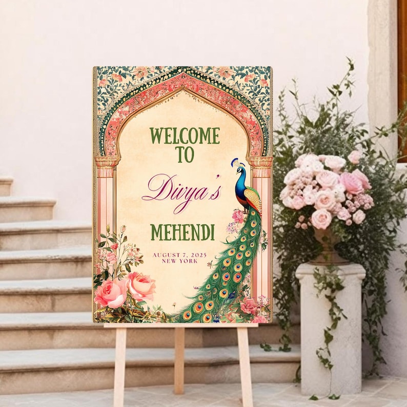 Floral Peacock Mehndi Welcome Sign: Indian Wedding Decor (digital ...
