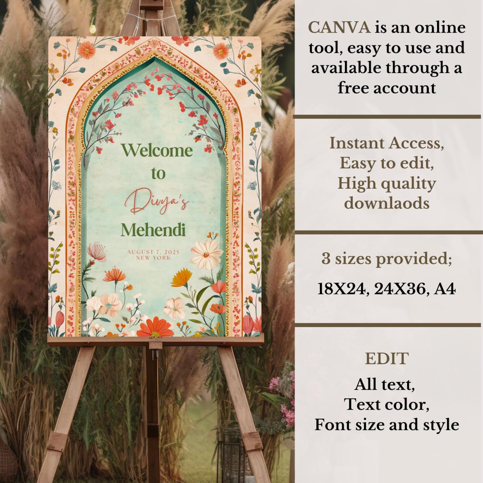 Mehendi Welcome Sign, Floral Mehndi Welcome Board, Indian Hindu Wedding ...