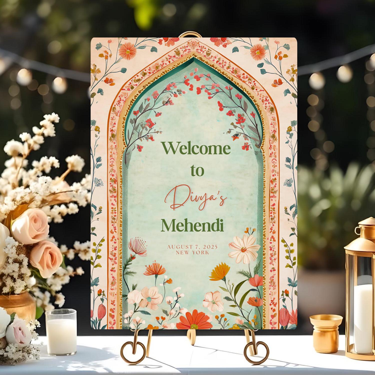 Mehendi Welcome Sign, Floral Mehndi Welcome Board, Indian Hindu Wedding ...