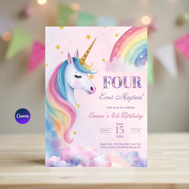 Four Ever Magical Unicorn 4th Birthday Invitation | Pastel Rainbow ...