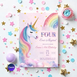 Four Ever Magical Unicorn 4th Birthday Invitation | Pastel Rainbow ...