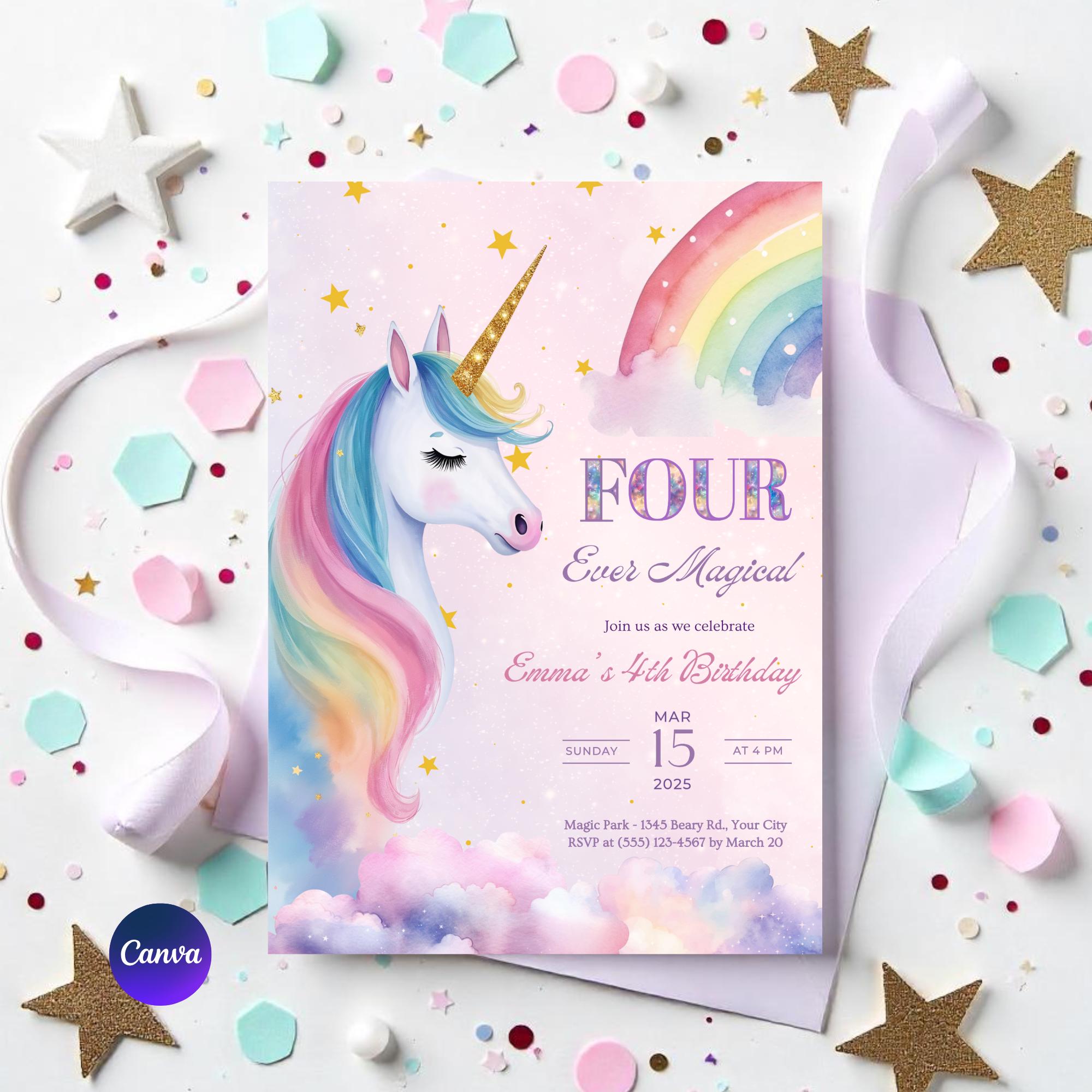 Four Ever Magical Unicorn 4th Birthday Invitation | Pastel Rainbow ...
