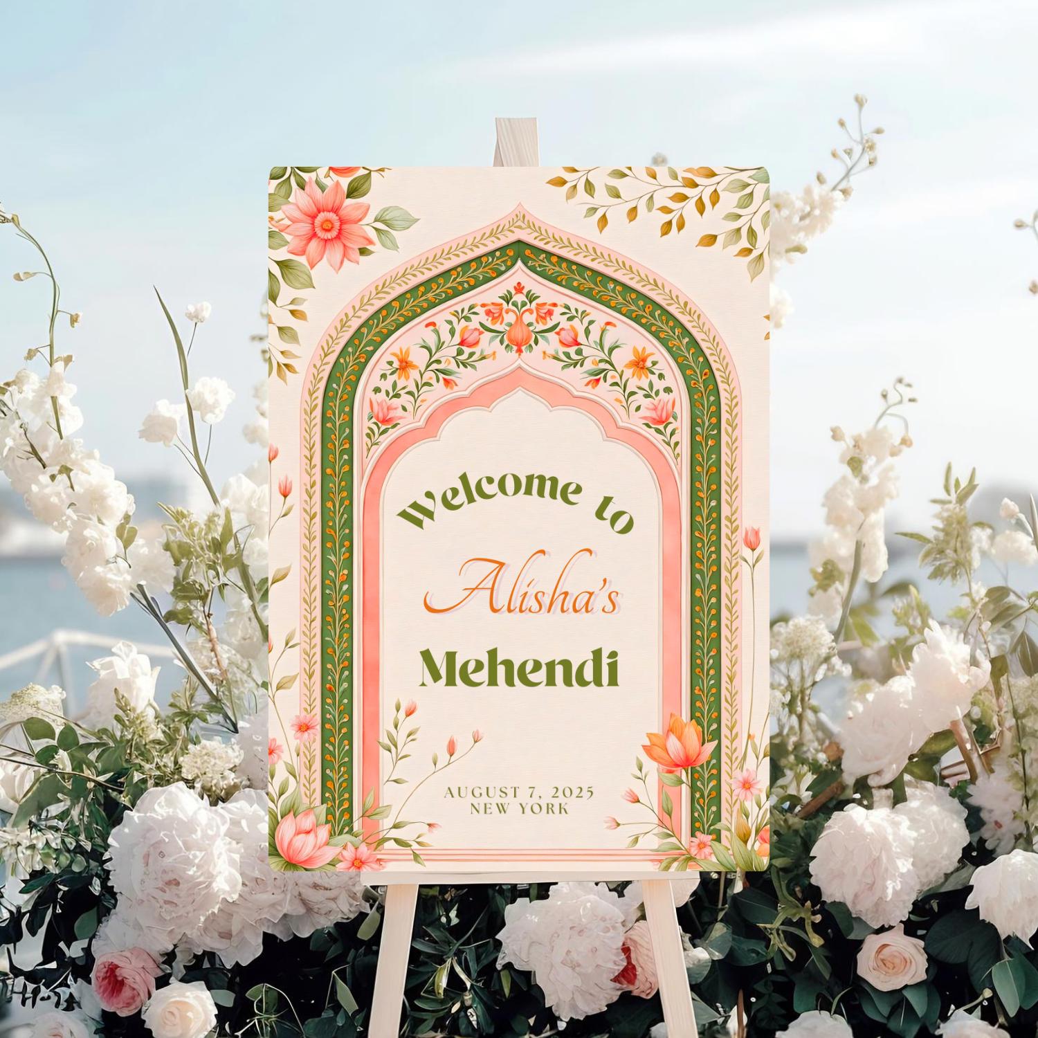 Floral Mehendi Welcome Sign: Indian Wedding Decor (canva Template ...