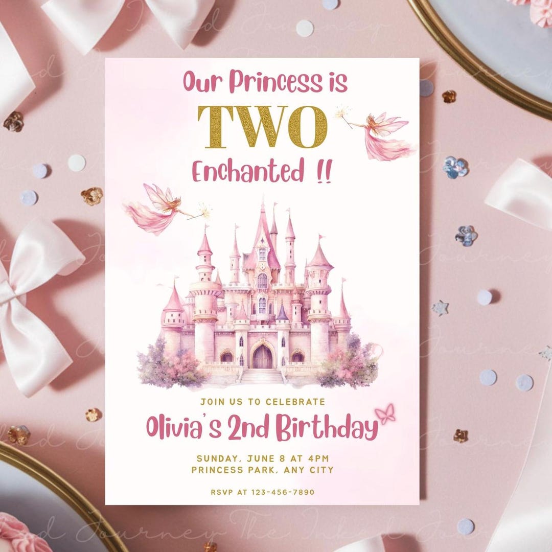 Our Princess is TWO Enchanted Birthday Invitation | Pink Fairy Castle ...