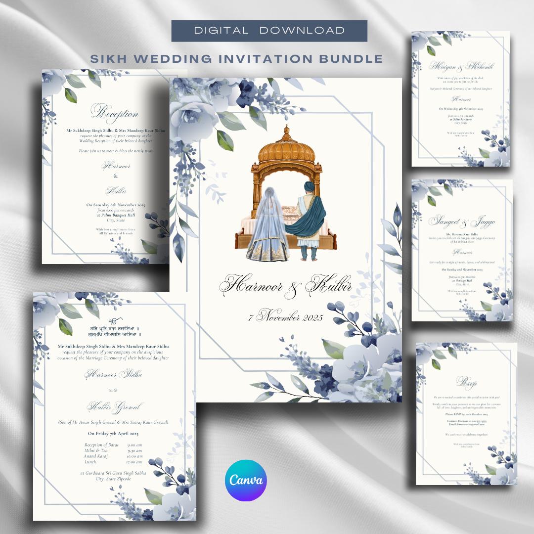 Floral Sikh Wedding Invitation Bundle: Anand Karaj, Mehndi (digital ...