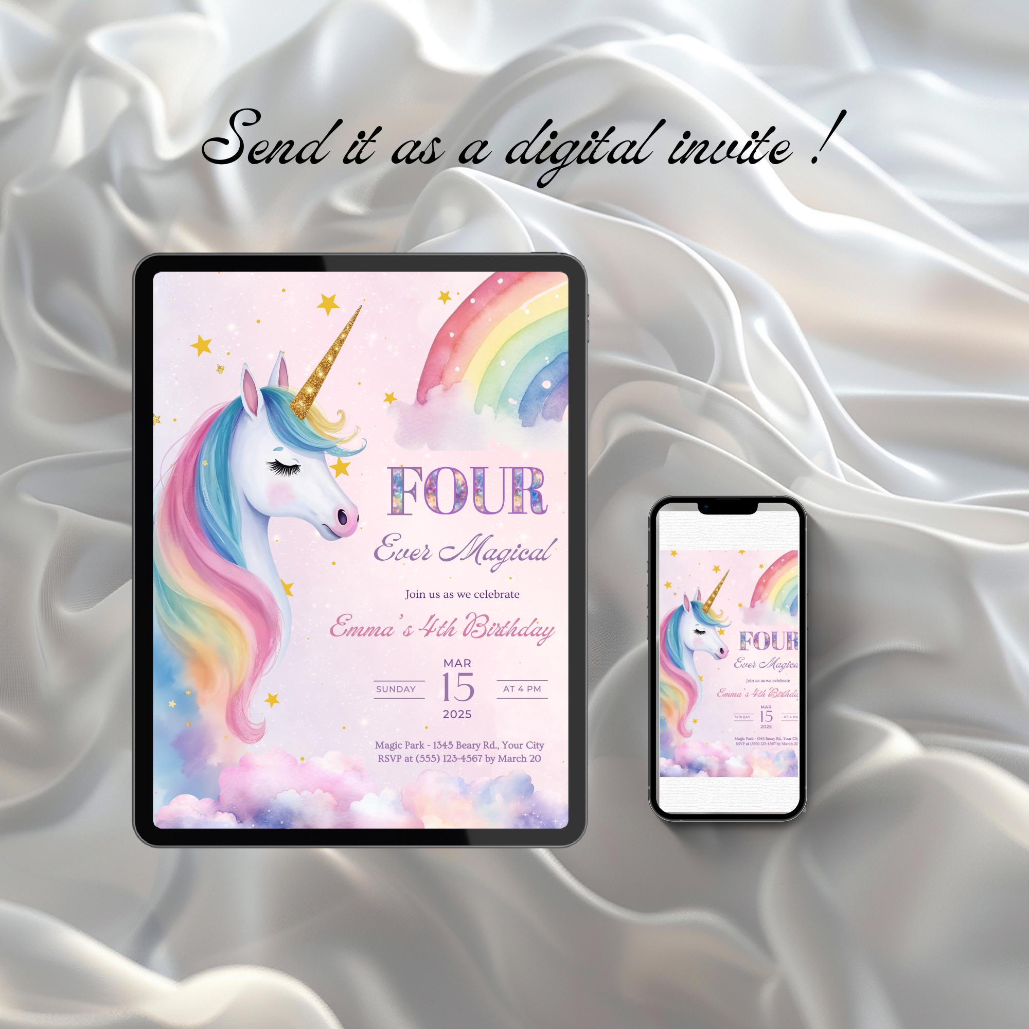 Four Ever Magical Unicorn 4th Birthday Invitation | Pastel Rainbow ...