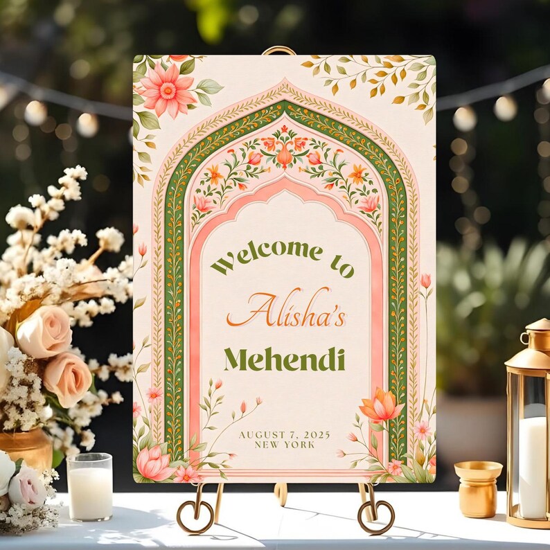 Floral Mehendi Welcome Sign: Indian Wedding Decor (canva Template ...