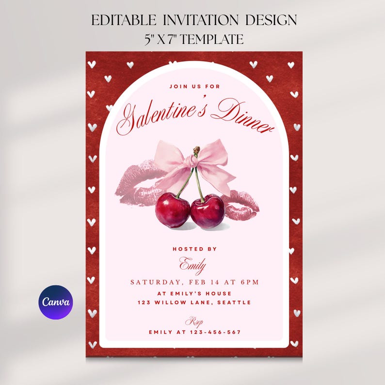 Editable Galentine's Dinner Invitation, Valentine's Day Party, Cherries ...