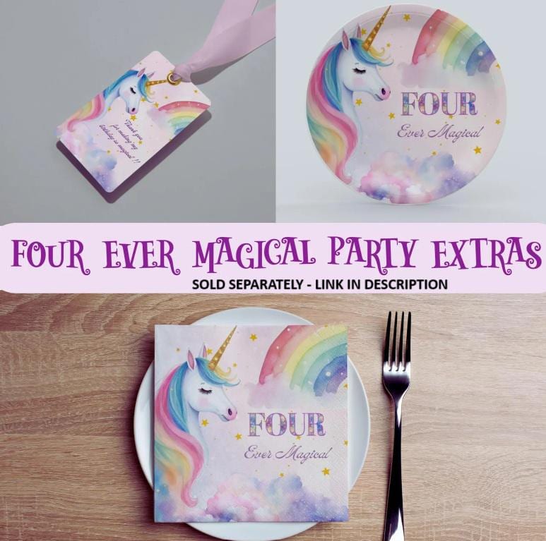 Four Ever Magical Unicorn 4th Birthday Invitation | Pastel Rainbow ...