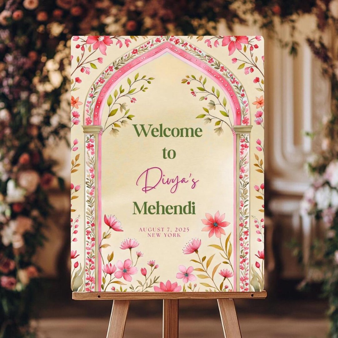 Floral Mehendi Welcome Sign: Indian Wedding Decor (canva Template ...