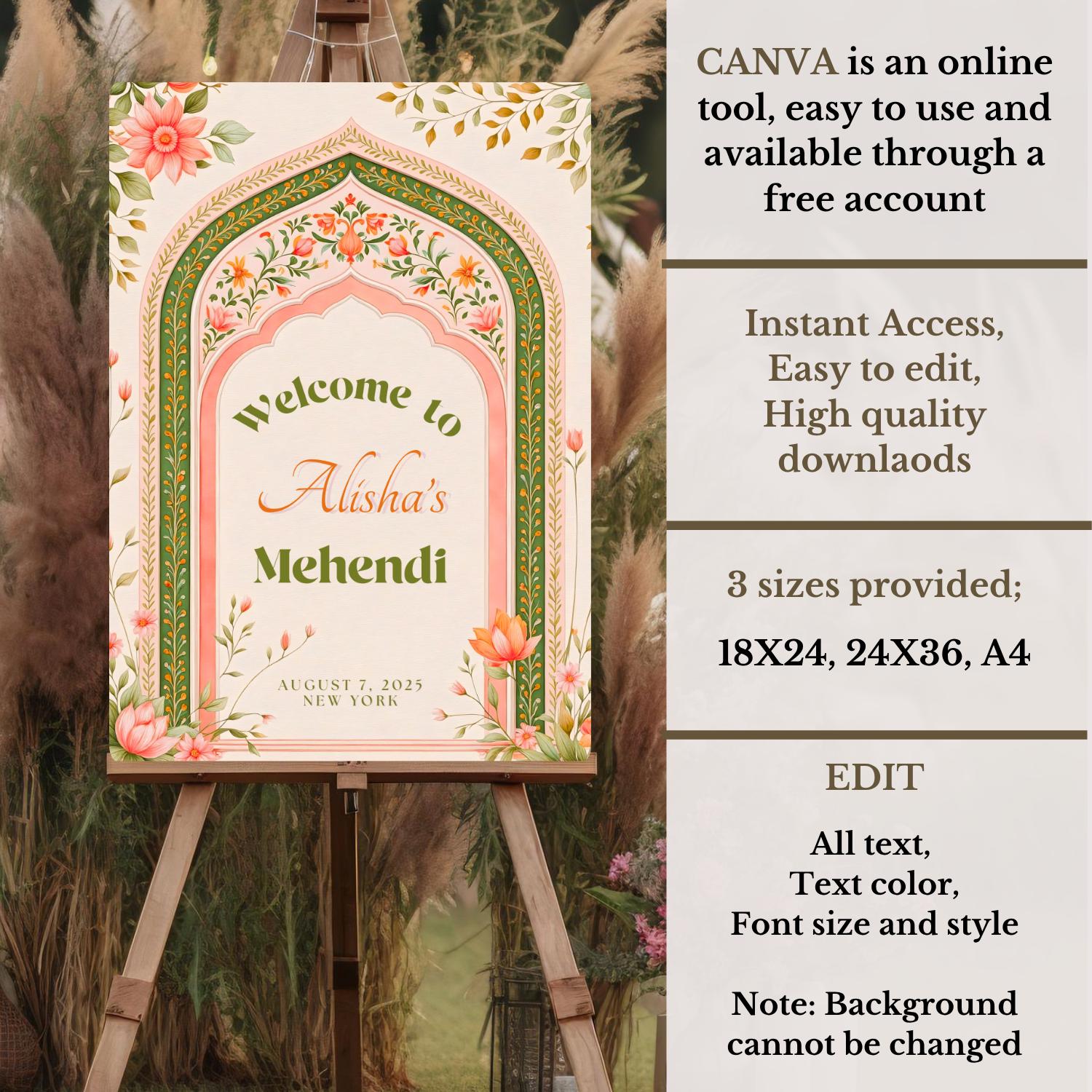 Floral Mehendi Welcome Sign: Indian Wedding Decor (canva Template ...