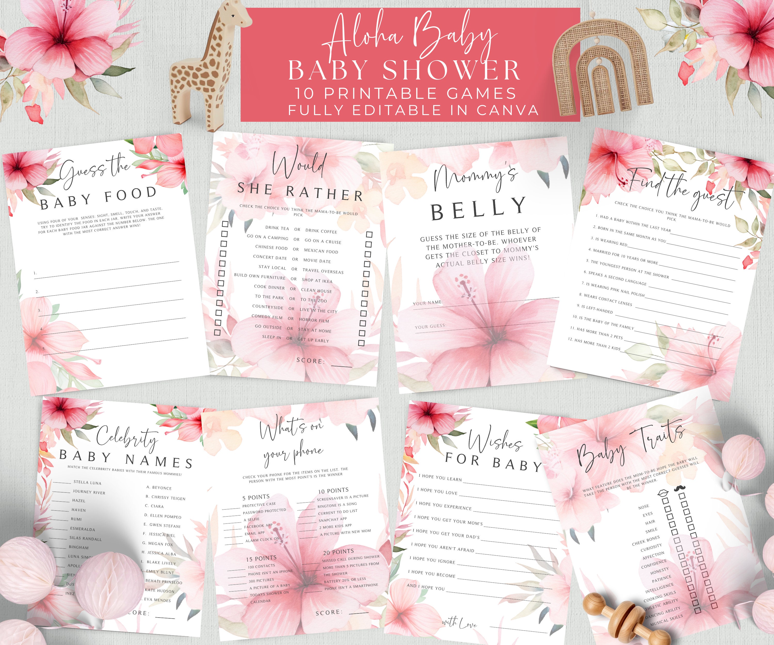 ALOHA Baby Shower Game Bundle: Tropical Printable Games (canva Editable ...