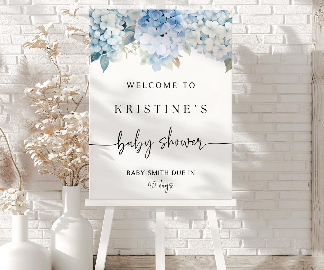 Blue Hydrangea Baby Shower Welcome Sign, Blue Baby in Bloom Welcome ...