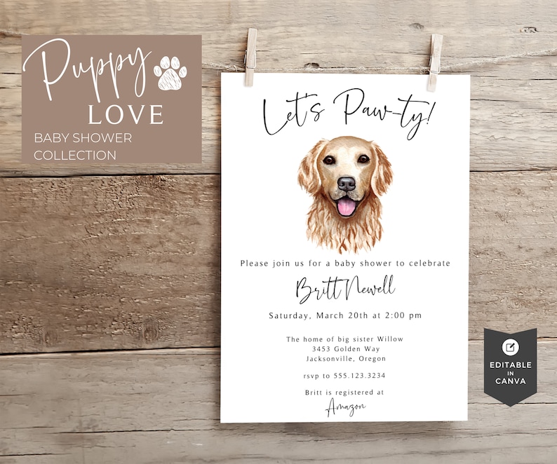 Golden Retriever Baby Shower Invitation, Let's Pawty Baby Shower, Puppy ...