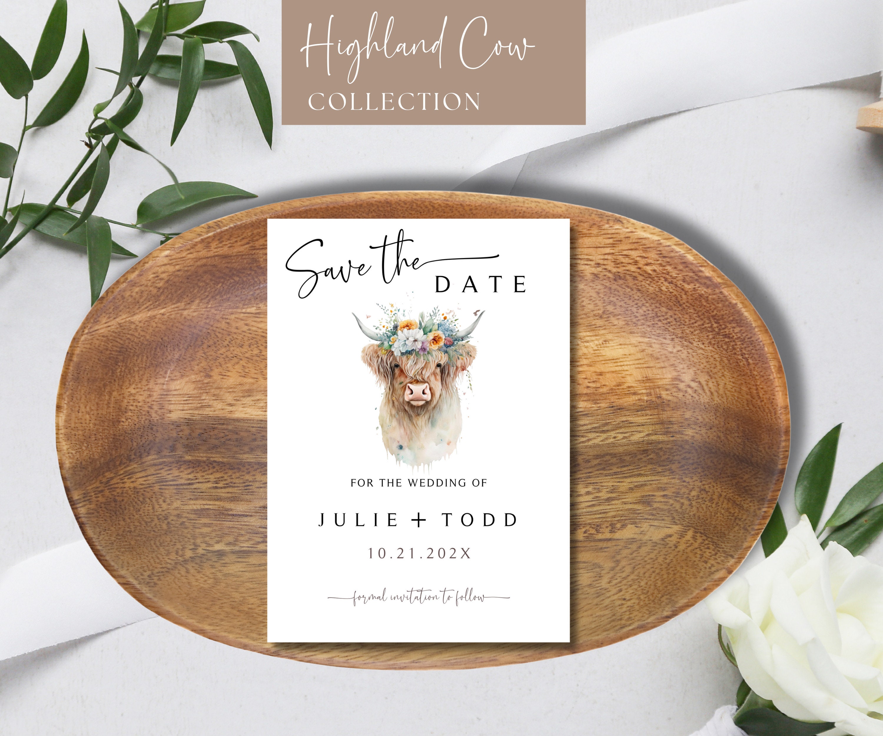 Highland Cow SAVE the Date, Wedding Shower Invitations, Editable Canva ...