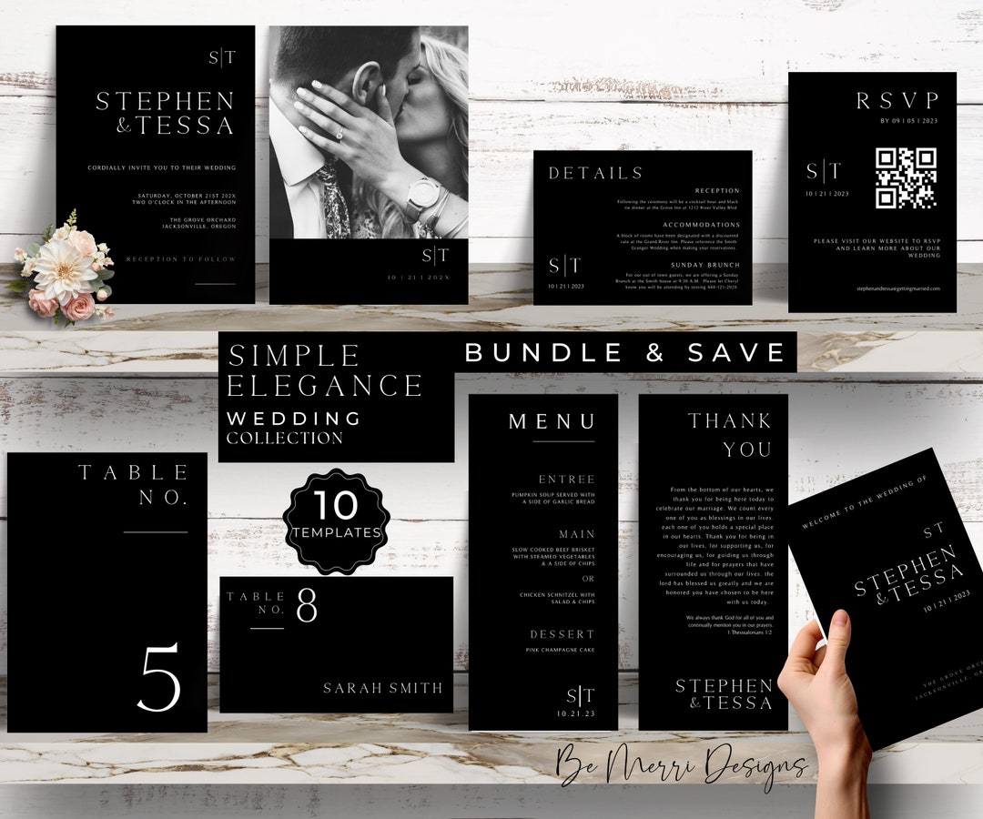 Elegant Wedding Bundle Canva, Monogram, Editable, Printable, Invite, Menu, Table Number, Details ...