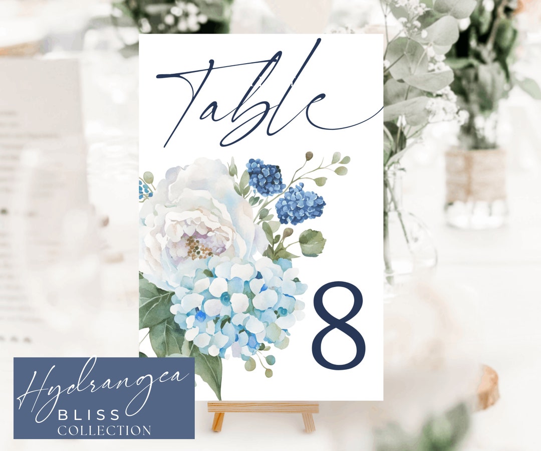 Blue Hydrangea Wedding Table Numbers: Editable Greenery Sign (digital ...