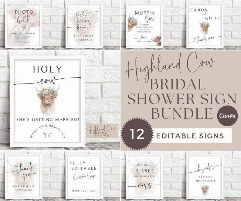 Highland Cow Bridal Shower Sign Bundle: Editable Templates (digital ...