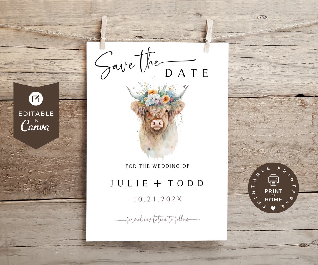 Highland Cow SAVE the Date, Wedding Shower Invitations, Editable Canva ...