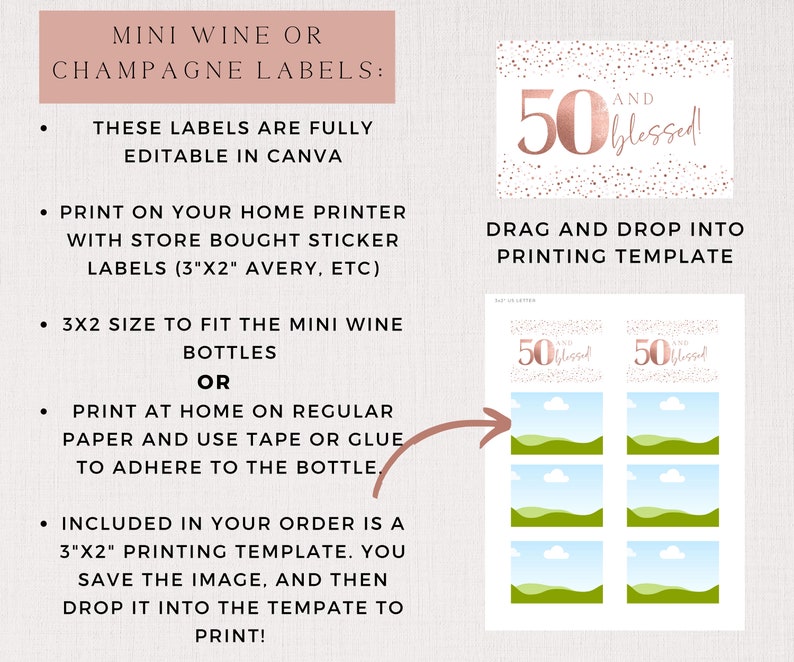 50th Mini Wine Labels Canva, Printable Champagne Label Template, Party ...