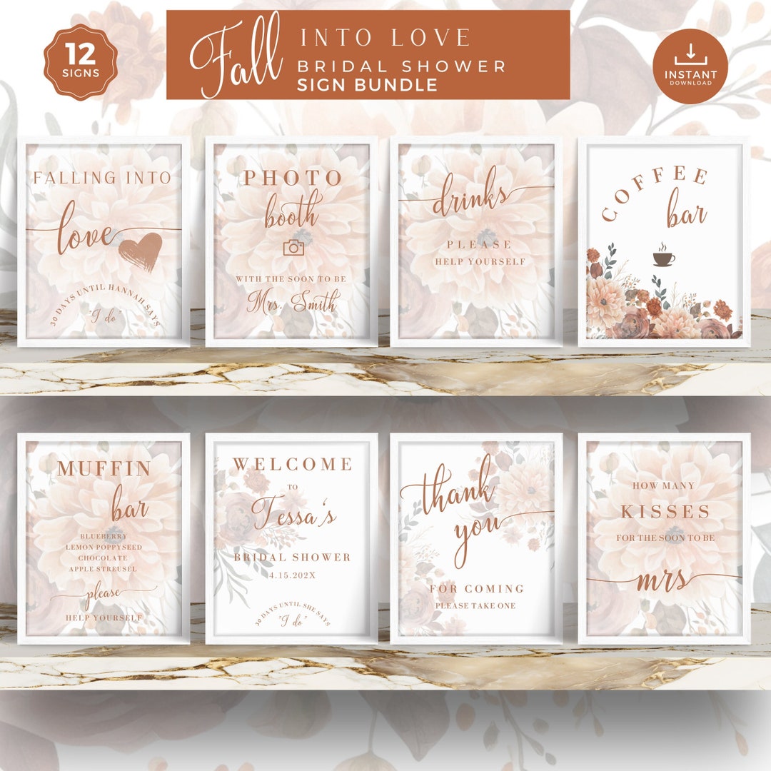 Fall Into Love Bridal Signs, Bridal Shower Sign Bundle, Editable ...