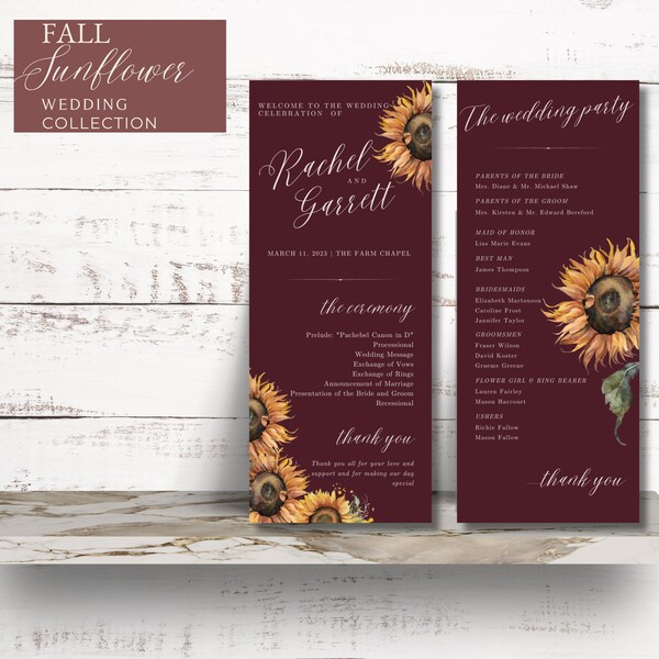 Sunflower and Burgundy Wedding Program Template - Etsy