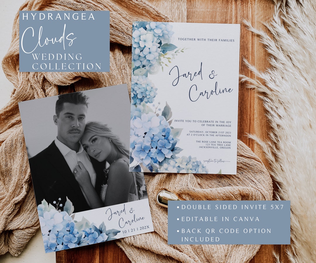 Blue HYDRANGEA Wedding Invitations Canva, Invite With Photo QR, Blue ...