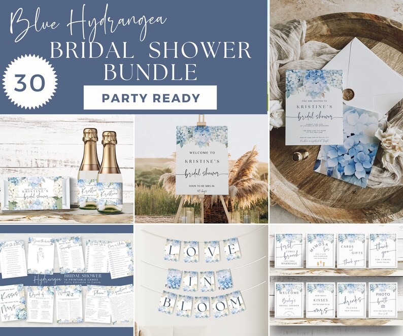 BLUE Hydrangea Bridal Shower Bundle | Love in Bloom | Shower Games ...
