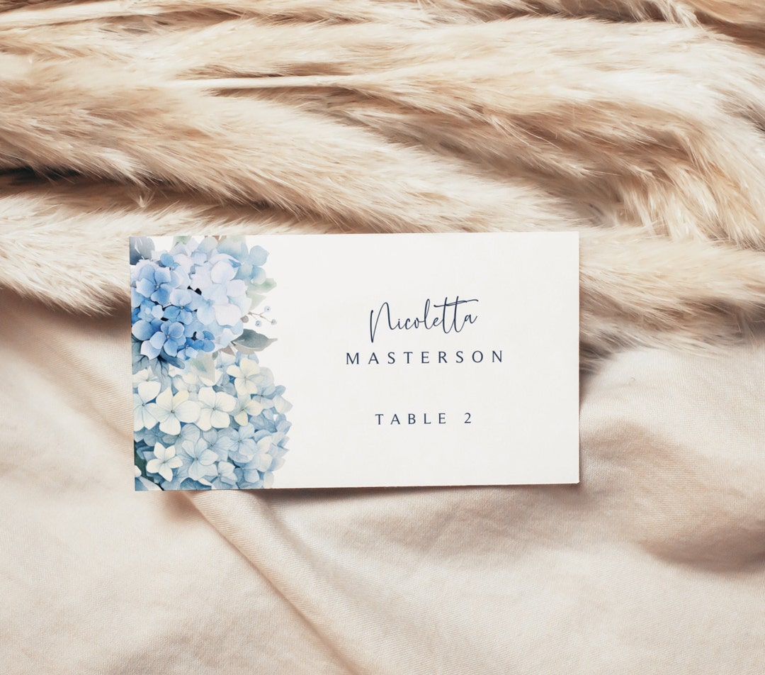 Blue Hydrangea Place Card Template Canva | Dusty Blue Floral | Editable ...