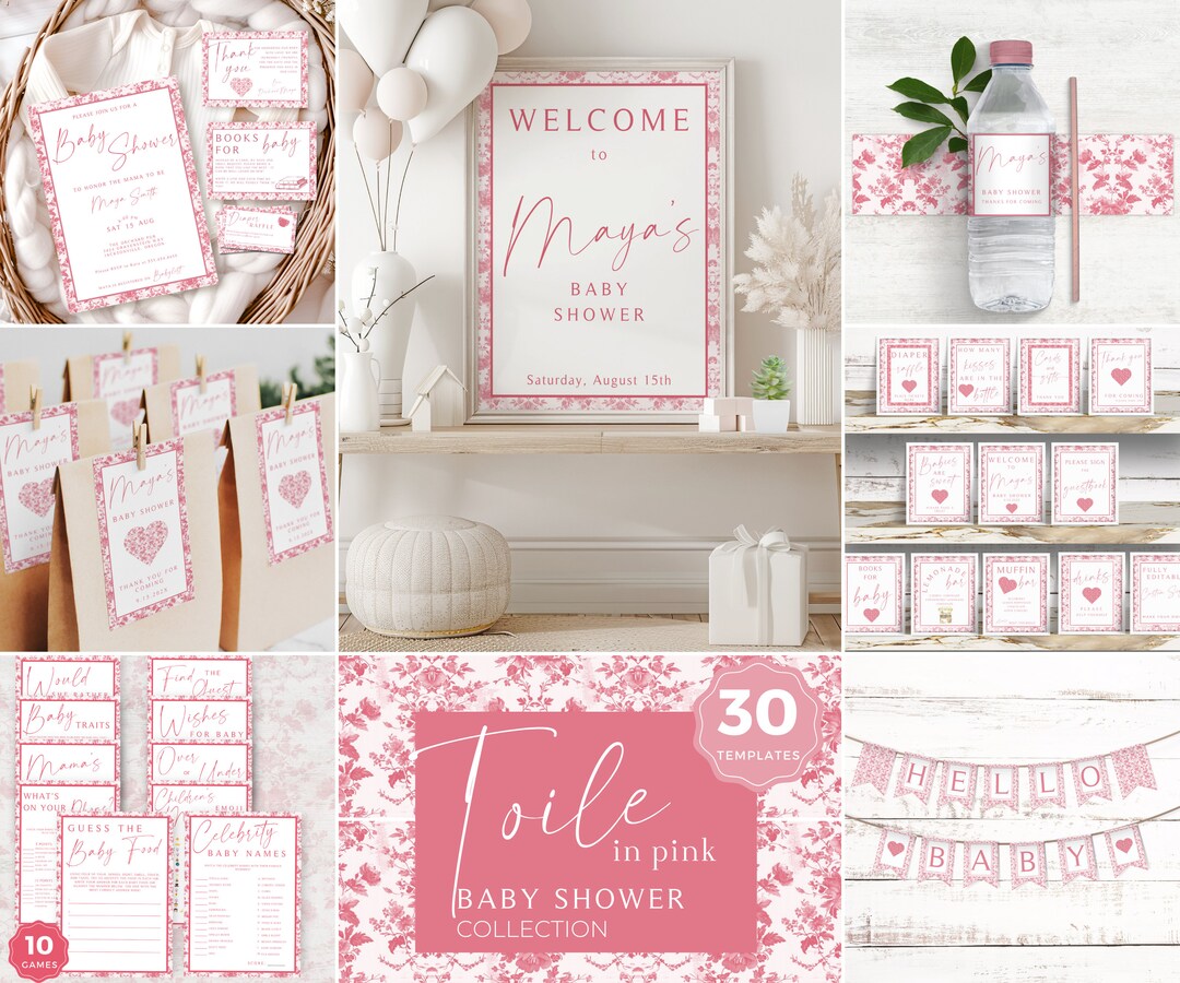 Pink Toile Baby Shower Bundle, Toile De Jouy Baby, Shower Games ...