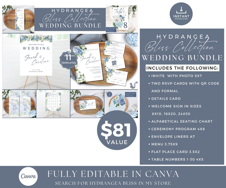 BLUE Hydrangea Wedding Bundle, Editable in Canva, Printable, Invite ...