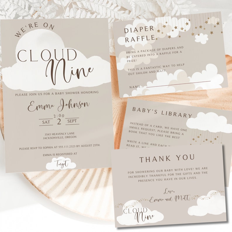 On Cloud Nine Baby Shower Invitation, Canva Template, Cloud 9, Neutral ...