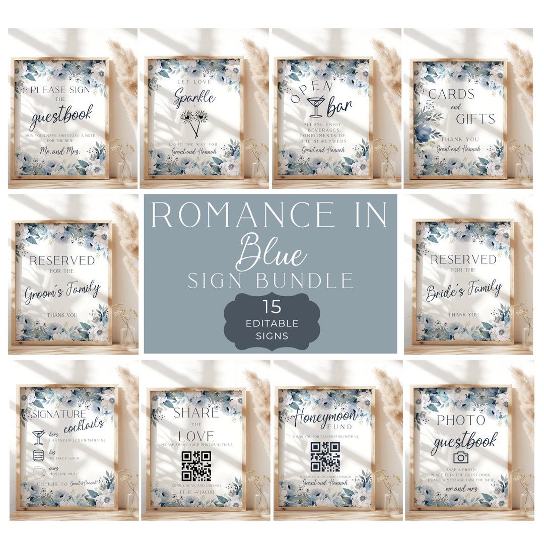 Blue Floral Wedding Sign Bundle | Floral Wedding Reception Signs ...
