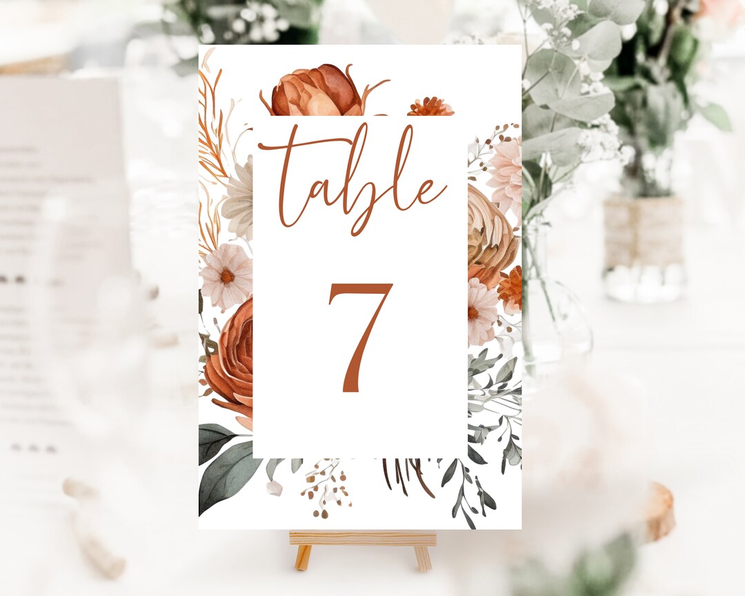 Boho Floral Wedding Table Number Template: Rustic Terracotta (digital ...
