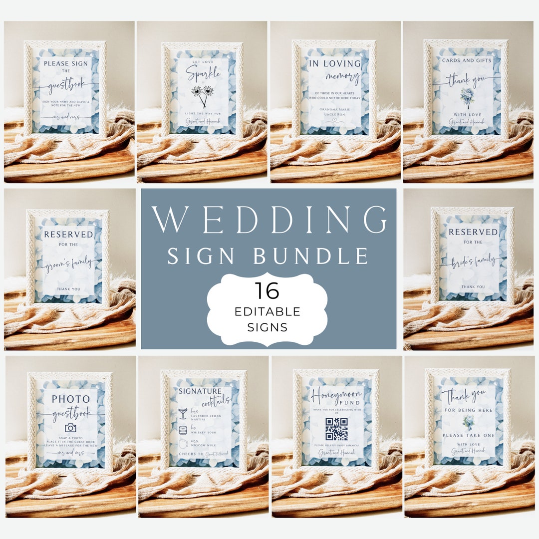 Blue Hydrangea Wedding Sign Bundle: Modern Floral Reception (digital ...