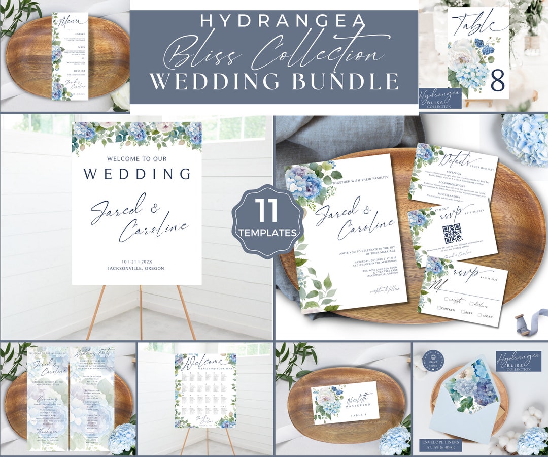 BLUE Hydrangea Wedding Bundle, Editable in Canva, Printable, Invite ...