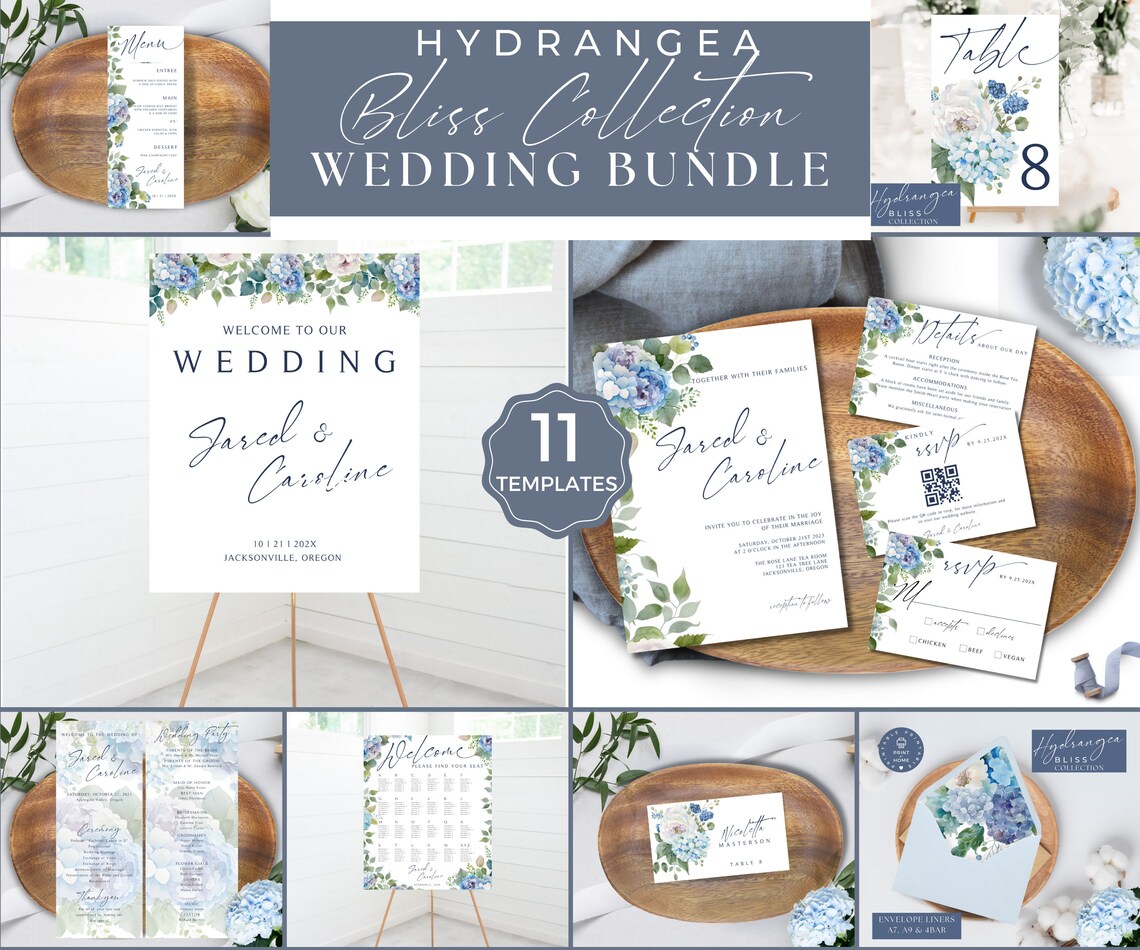 BLUE Hydrangea Wedding Bundle Editable in Canva Printable - Etsy