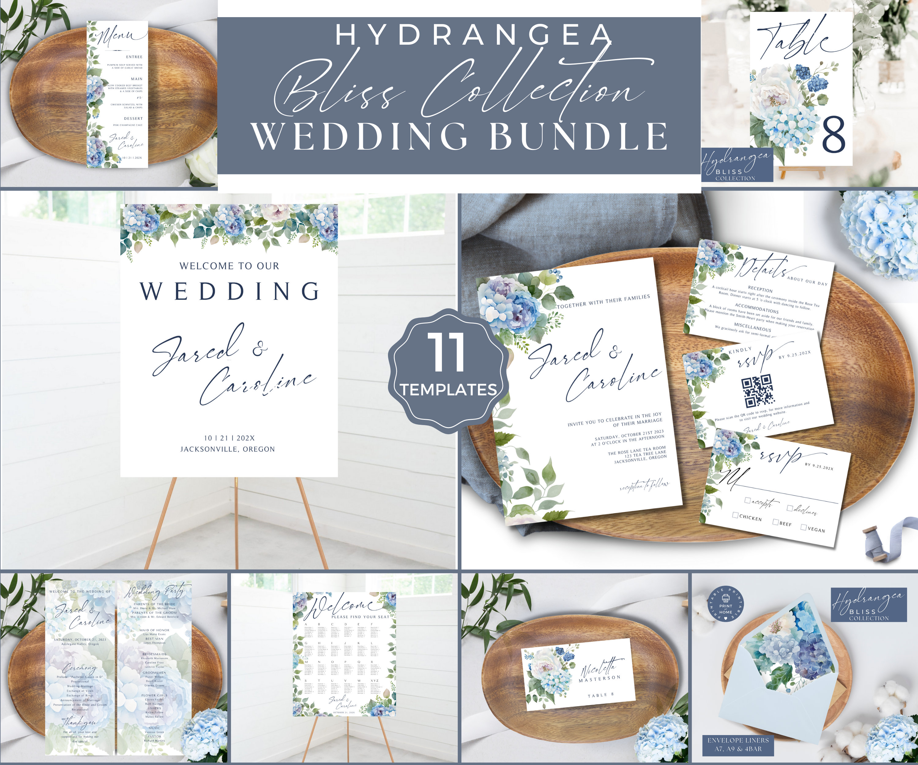 BLUE Hydrangea Wedding Bundle, Editable in Canva, Printable, Invite ...