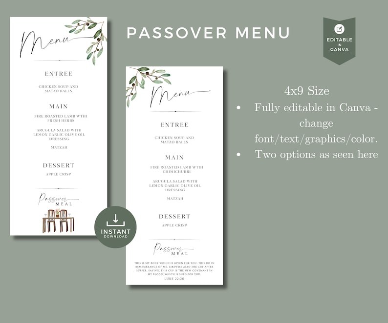 PASSOVER Menu Template, MESSIANIC PASSOVER Dinner Menu, Printable ...