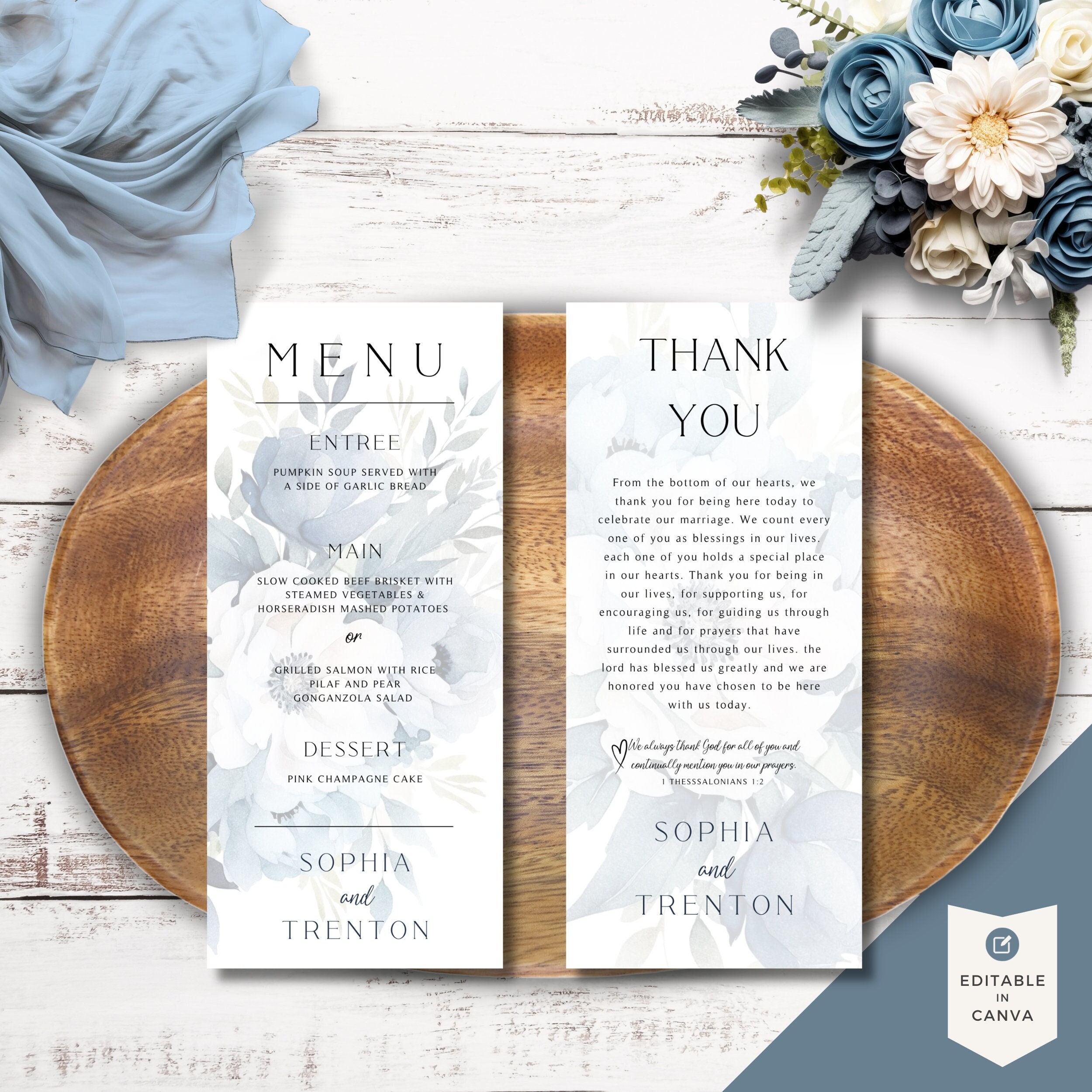 Dusty Blue Wedding Menu Template Printable Menu Thank You Place Cards ...