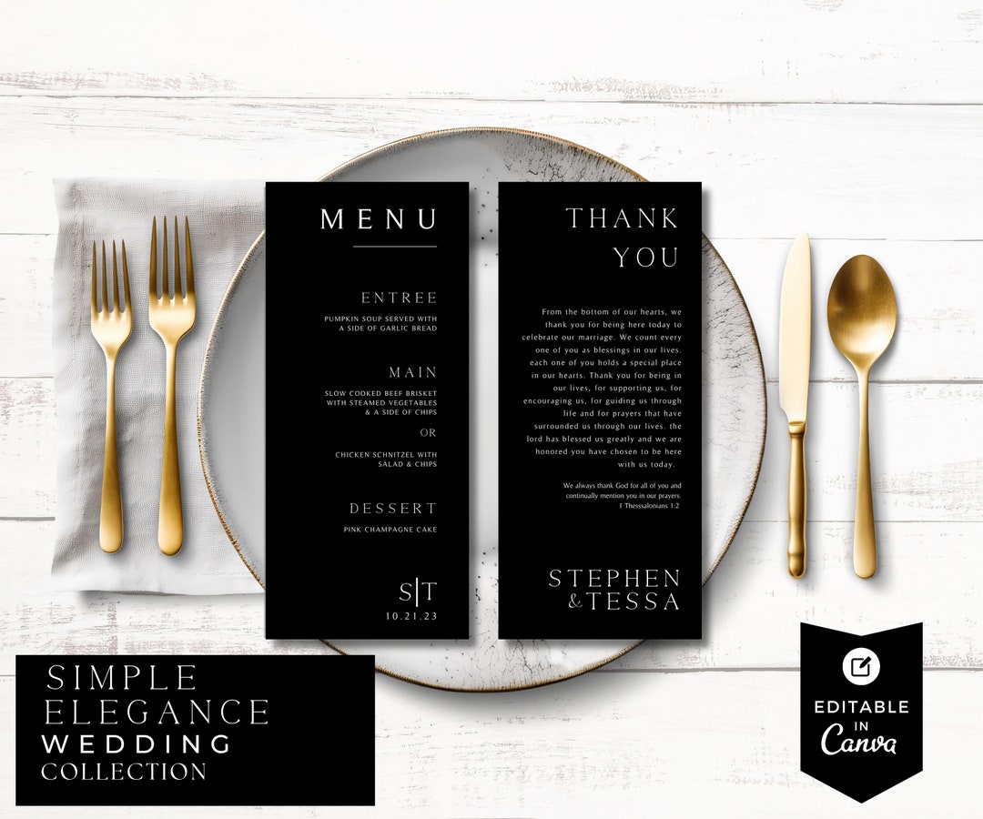 Formal Menu Thank You Note Template, Modern Wedding, Thank You ...