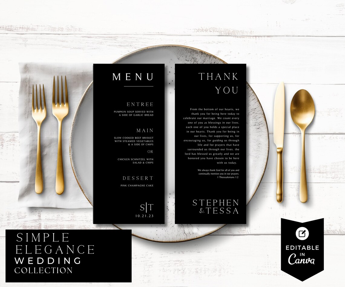 Formal Menu Thank You Note Template Modern Wedding Thank - Etsy