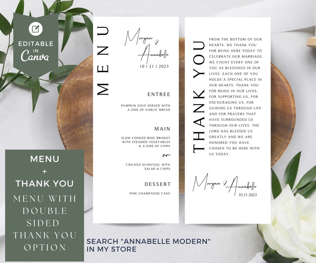 Modern Wedding Menu & Thank You Template: Annabelle Design (canva ...