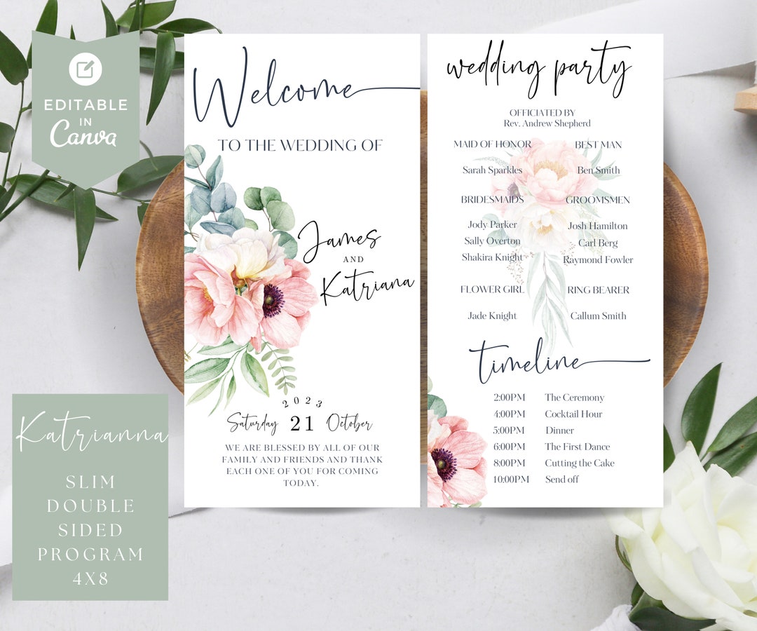 Double Sided Wedding Program Template, Canva Instant Download ...
