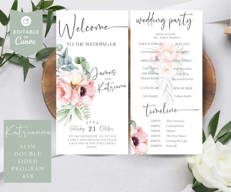 Double Sided Wedding Program Template Canva Instant Download - Etsy