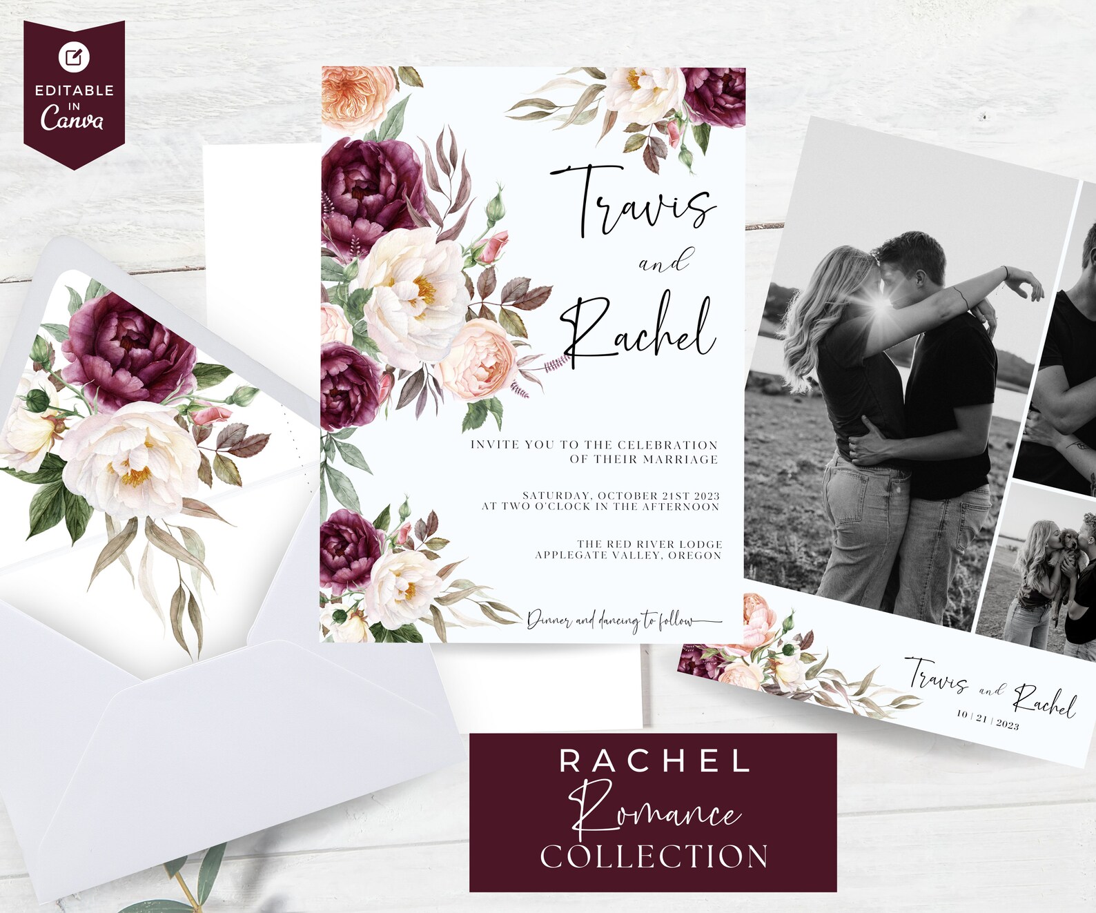 Burgundy Floral Wedding Invitation Bundle, Wine and Blush Floral, Canva ...